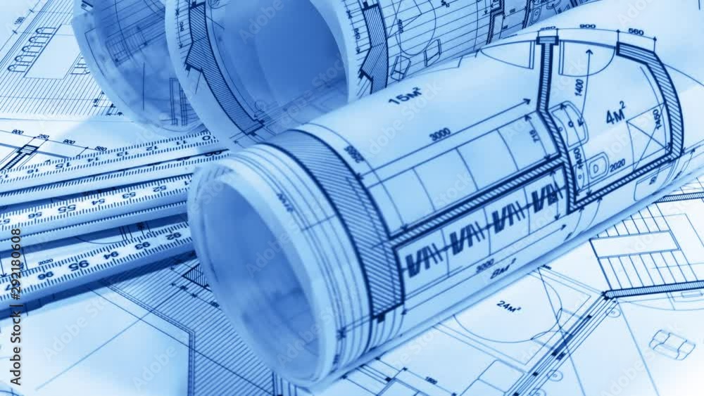 Blueprints - architectural drawings, yardstick - folding ruler smoothly ...