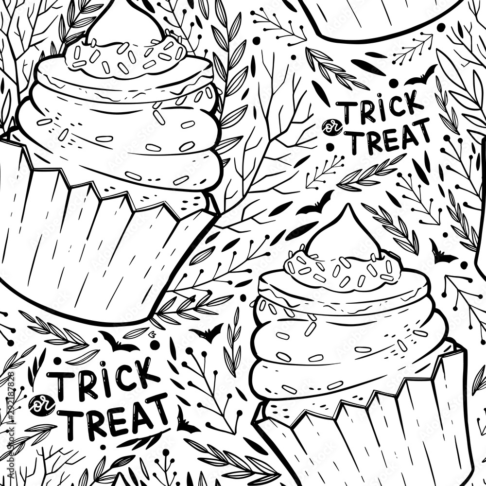 Halloween coloring page pattern. Background with halloween cupcakes ...