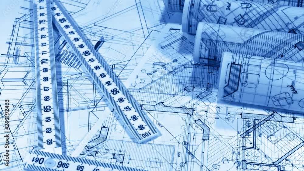 Blueprints - architectural drawings, yardstick - folding ruler smoothly ...