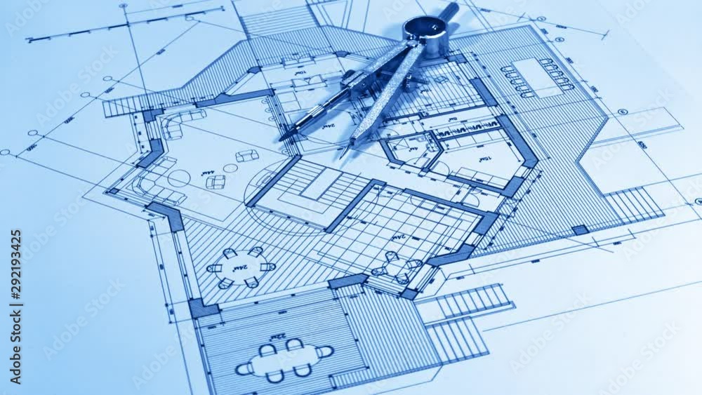 Blueprints - architectural drawings and compasses smoothly rotate on ...