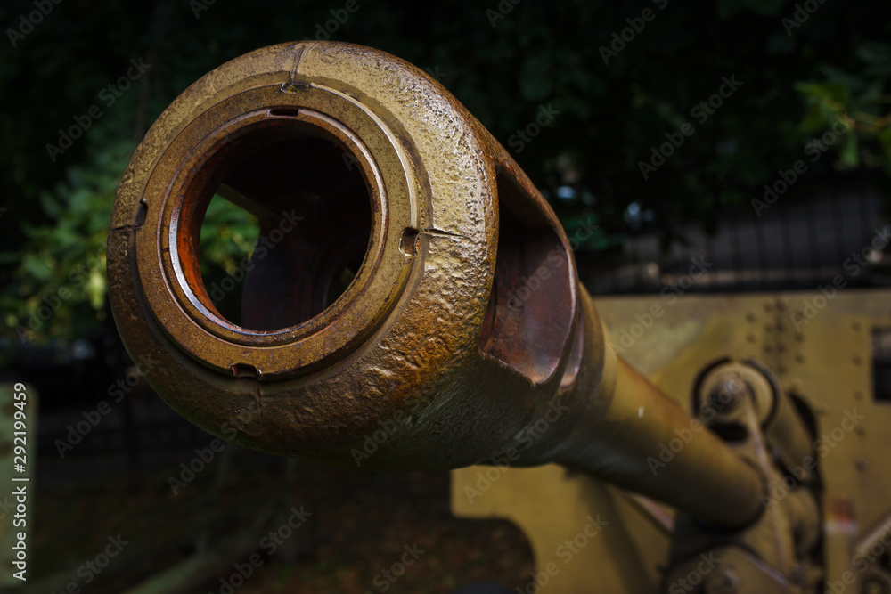 Barrel of an Soviet anti-tank gun. Artillery gun close up. Shallow ...