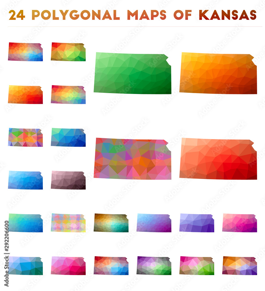 Set of vector polygonal maps of Kansas. Bright gradient map of us state ...