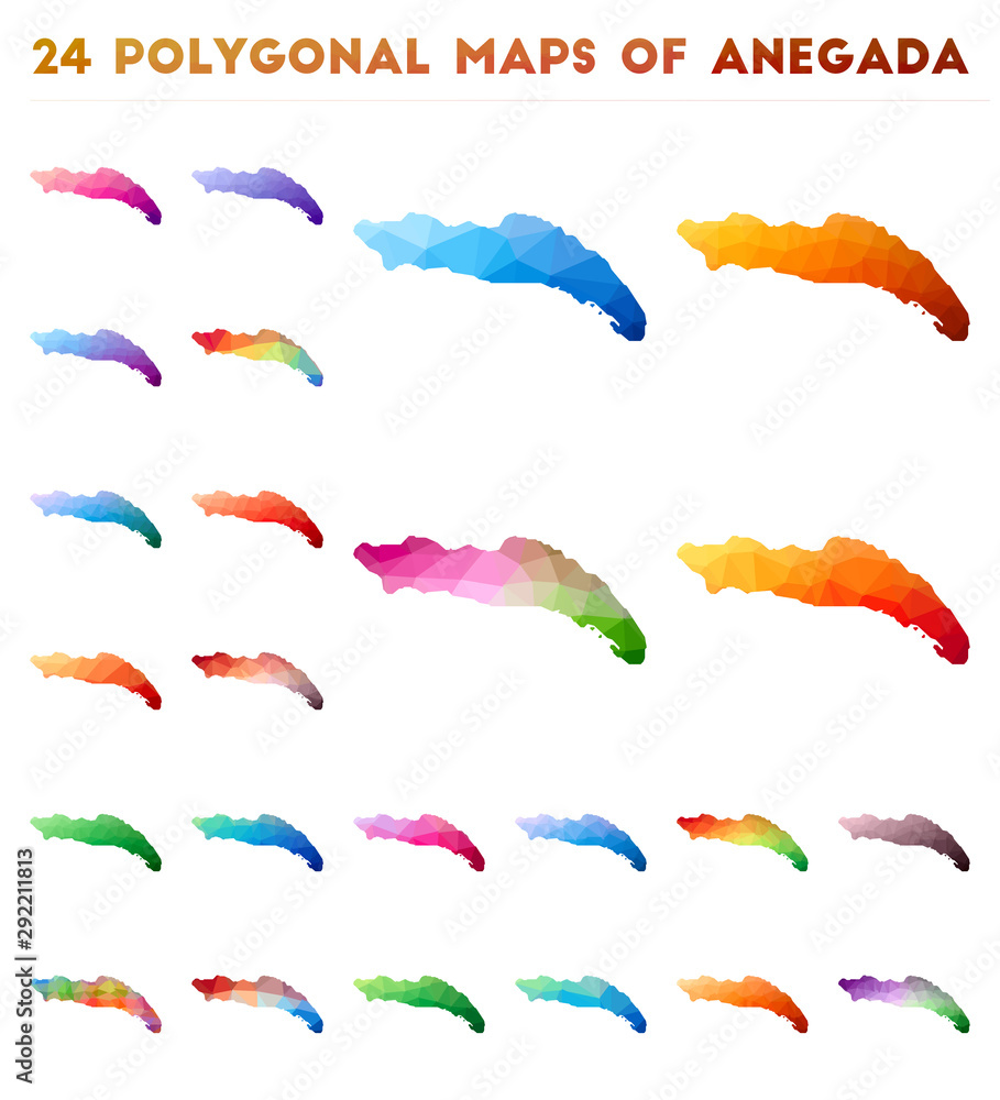 Set of vector polygonal maps of Anegada. Bright gradient map of island ...