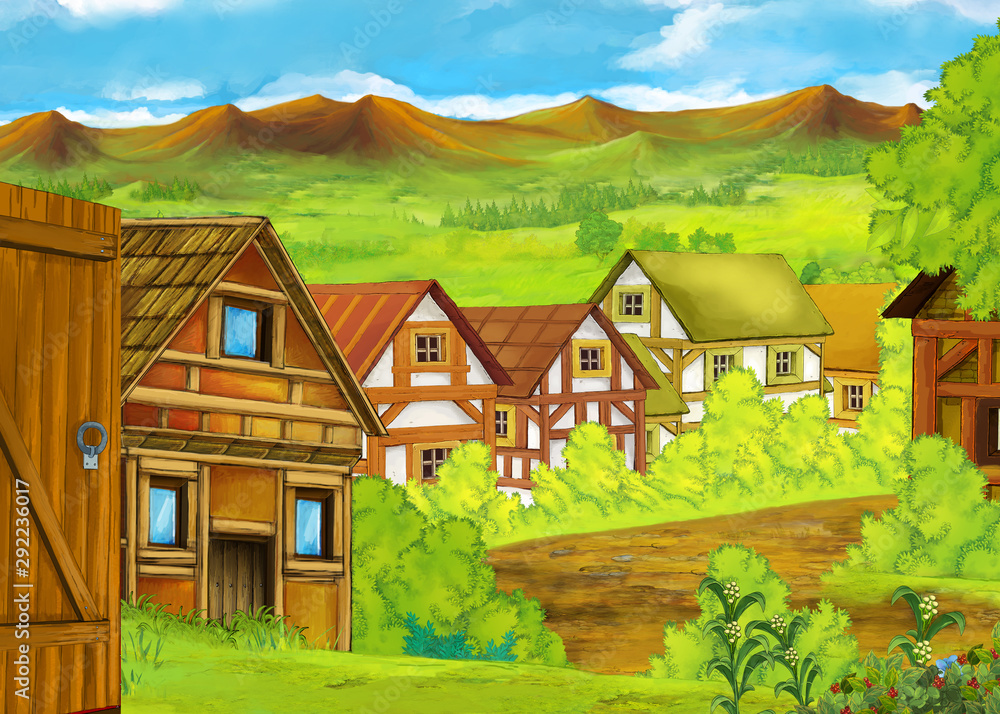 cartoon scene with mountains valley near the forest with wooden house ...