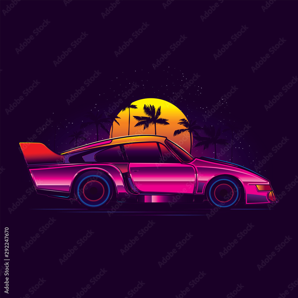 Original vector illustration in neon retro 80's style. Sports pink car ...