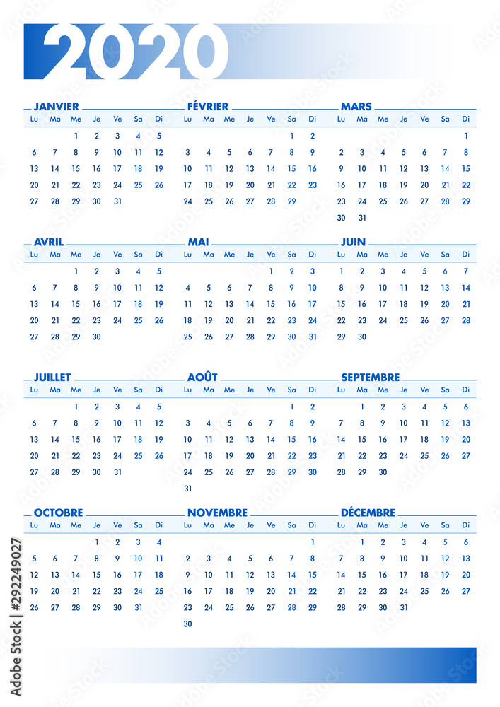 Blue 2020 French calendar. Printable portrait version Stock Vector ...