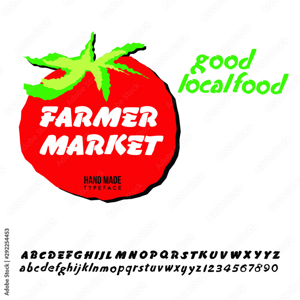 Hand drawn vintage retro font. Organic healthy vegetarian food local ...