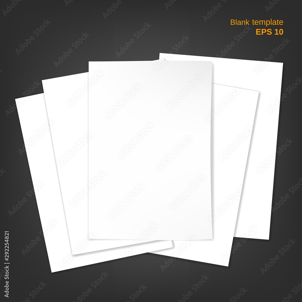 Vector illustration of 5 paper sheets with fold edge and shadows. Empty ...