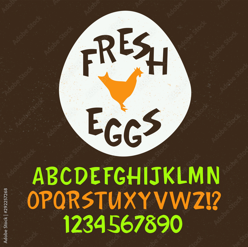 Hand drawn vintage retro font. hen, eggs, healthy food and organic ...