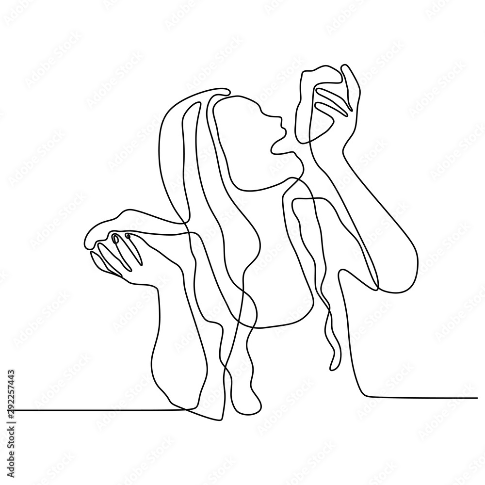 Continuous one line drawing of girl eating fast or junk food minimalism ...