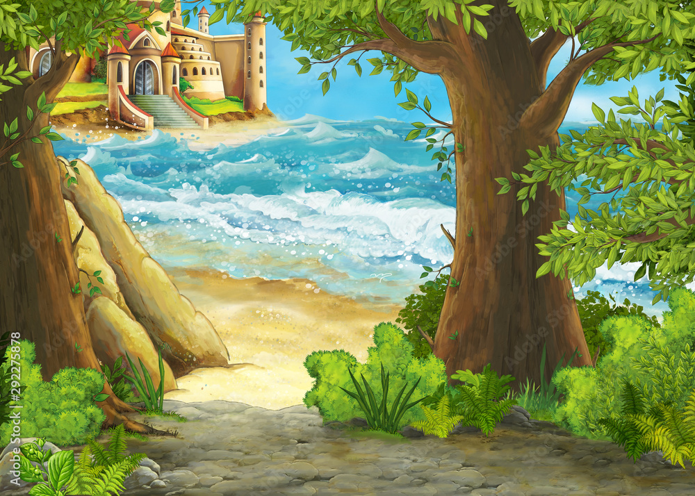cartoon scene of beautiful castle by the beach and ocean or sea ...