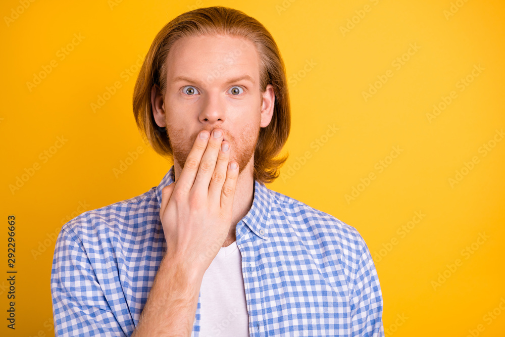 Close up photo of stylish trendy terrified guy having told you ...