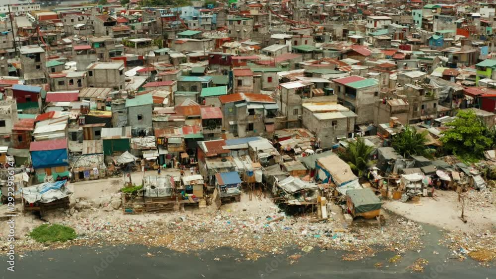 Slums in Manila, a top view. Sea pollution by household waste. Plastic ...