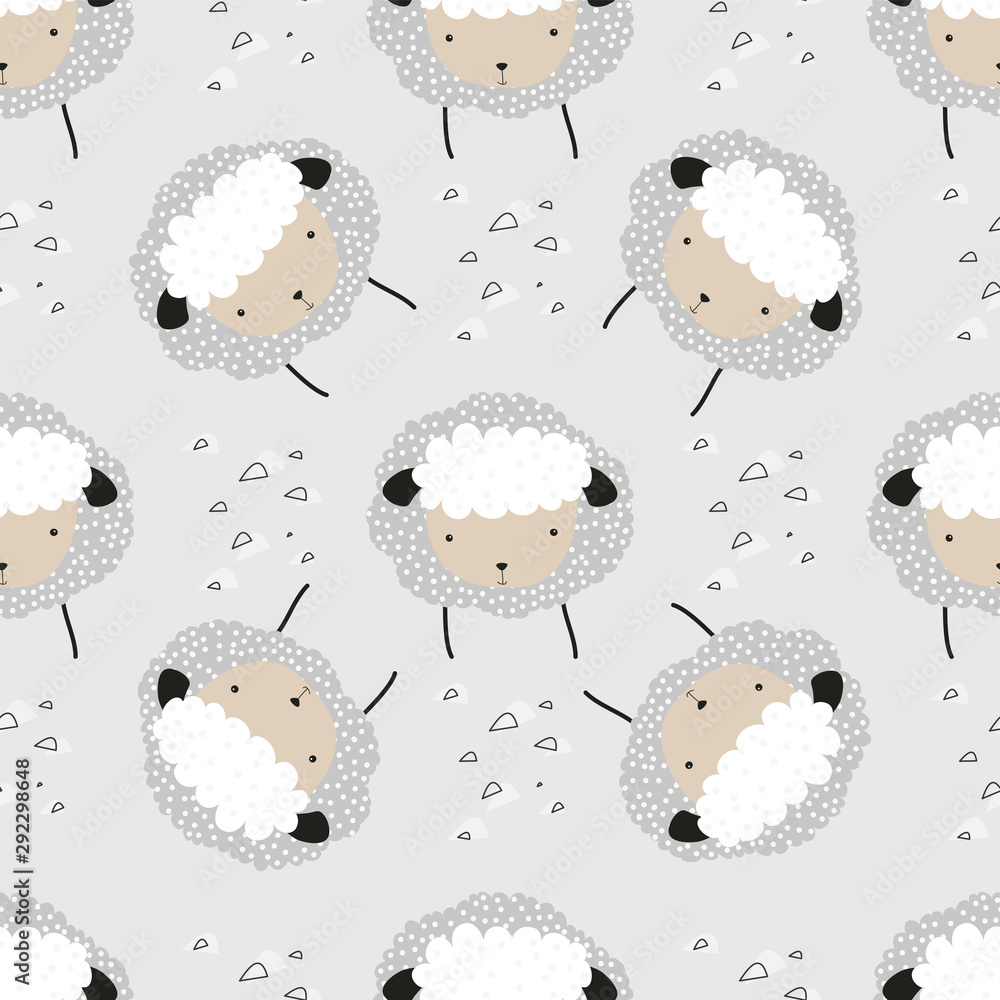Cartoon doodle seamless pattern illustration with cute fluffy sheep ...