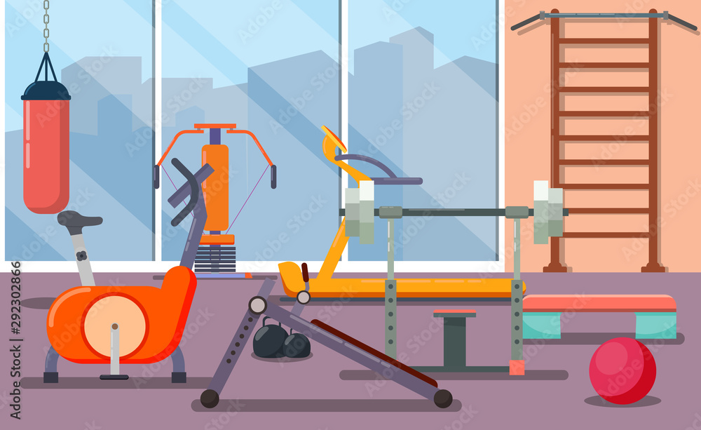 Cartoon background of gym interior with window Stock Vector | Adobe Stock