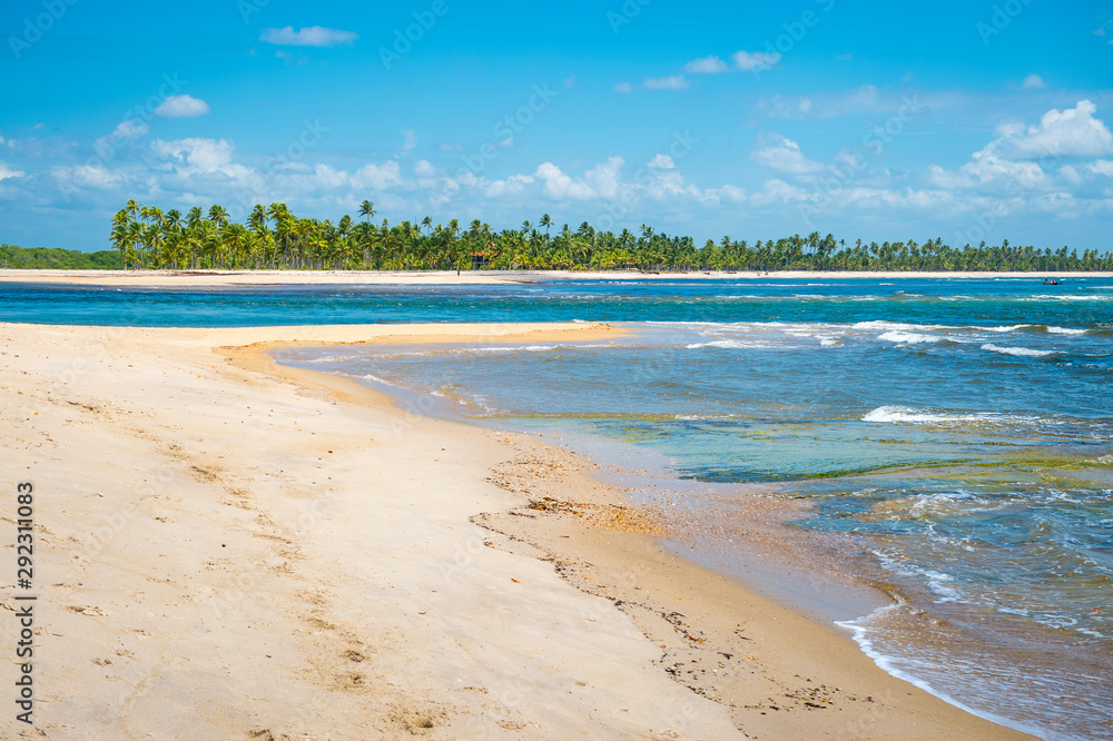 Bright scenic view of tropical sunlight rippling over golden sands in ...