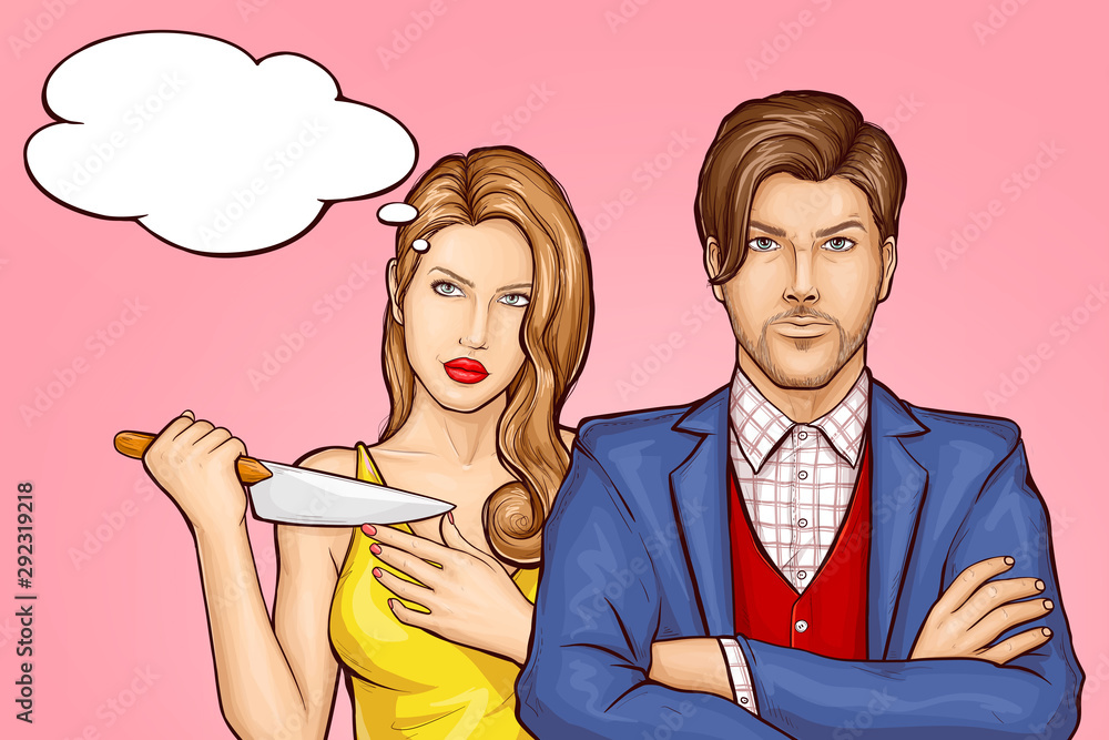 Killer wife with kitchen knife standing behind husband. Jealousy woman ...