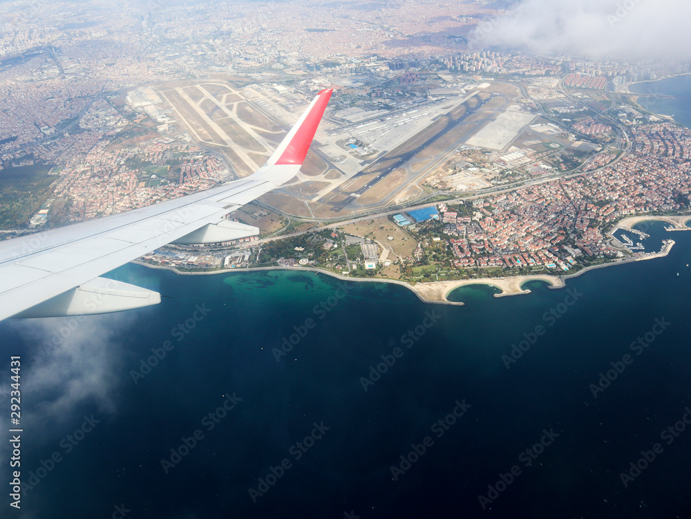 Panorama of Istanbul and New Istanbul Airport from window of airplane ...