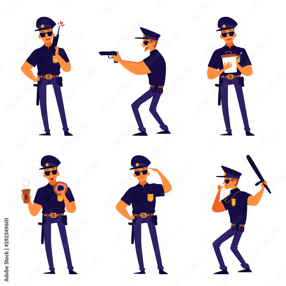 Cartoon policeman pose set - isolated man in police uniform during duty ...