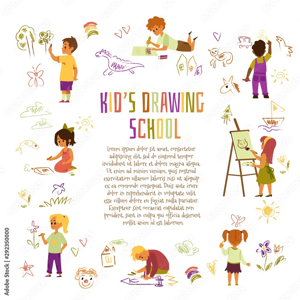 Advertising drawing school flyer with kids drawing flat vector ...
