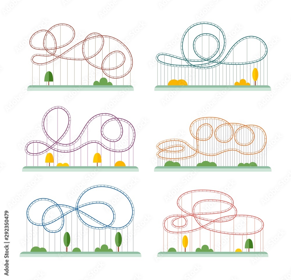 Amusement park rollercoaster ride set - cartoon roller coaster rail ...