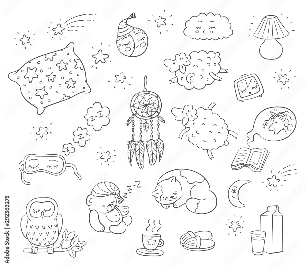 Go to bed sleep set of sketch black line doodle icons vector ...