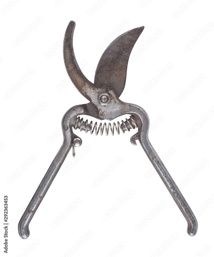 Old rusty garden pruner is open on an isolated white background Stock ...