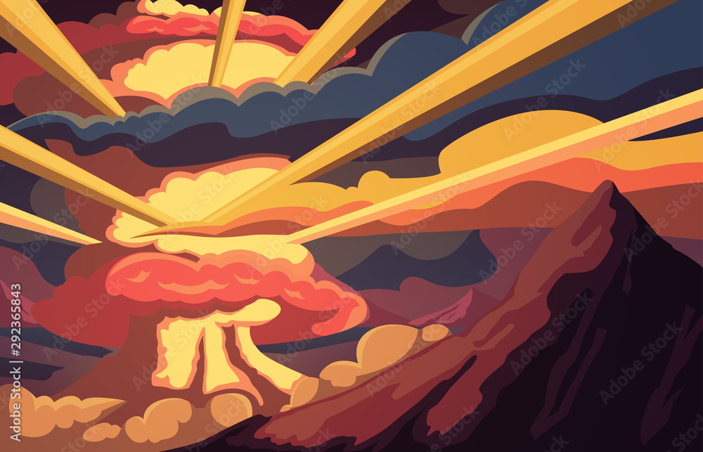 Nuclear explosion with rays of light in the mountain landscape ...
