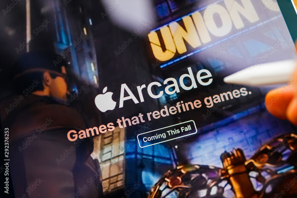 Paris, France - Mar 27, 2019: Apple Arcade logotype seen on modern Ipad ...