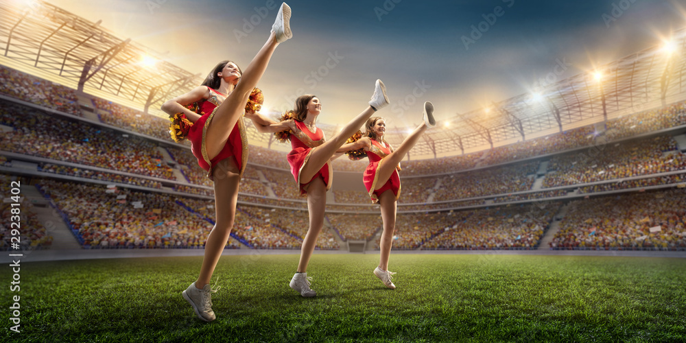 Group of cheerleaders in action on the professional stadium. The ...