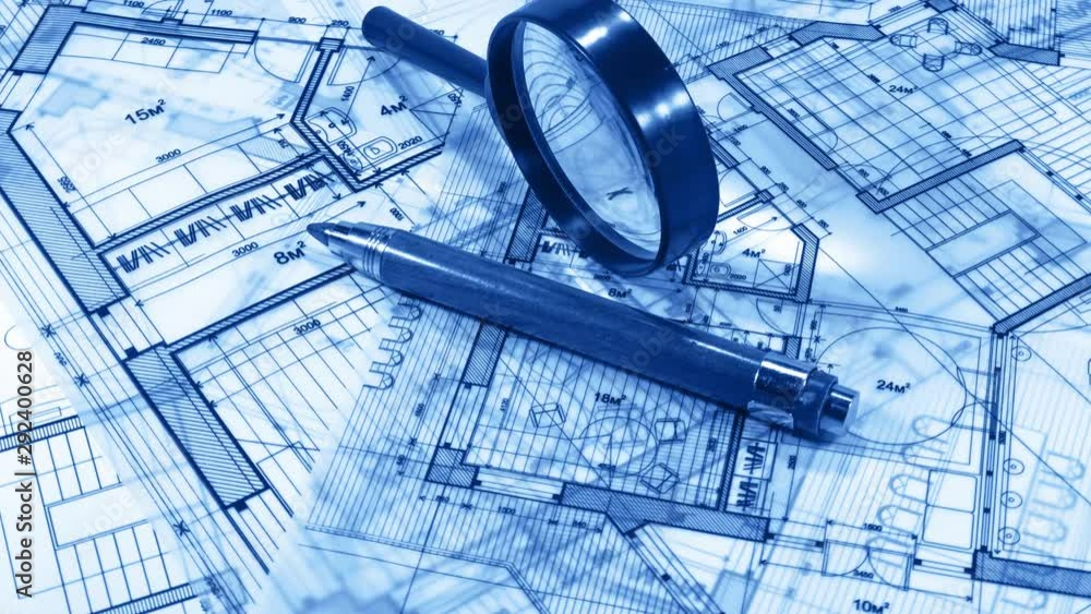 Blueprints - architectural drawings, loupe - magnifying glass smoothly ...