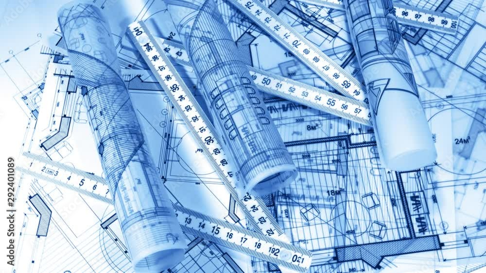 Blueprints - architectural drawings, yardstick - folding ruler smoothly ...