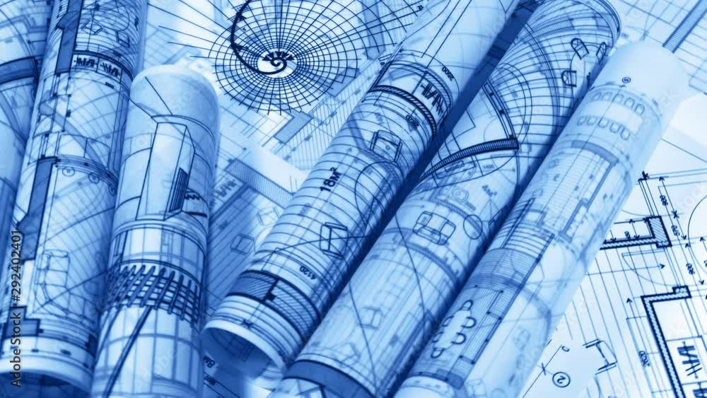 Blueprints - rolls of architectural drawings and drawing of the golden ...
