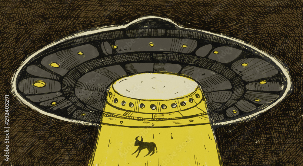 Spaceship Stealing A Cow Ufo Illustration Old School Style Stock Illustration Adobe Stock