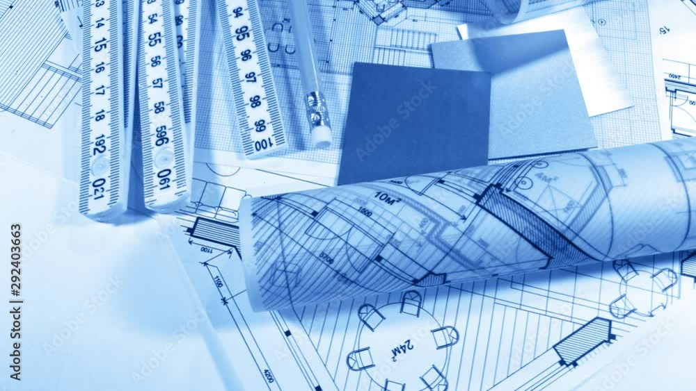 Blueprints: architectural drawings, yardstick - folding ruler & samples ...