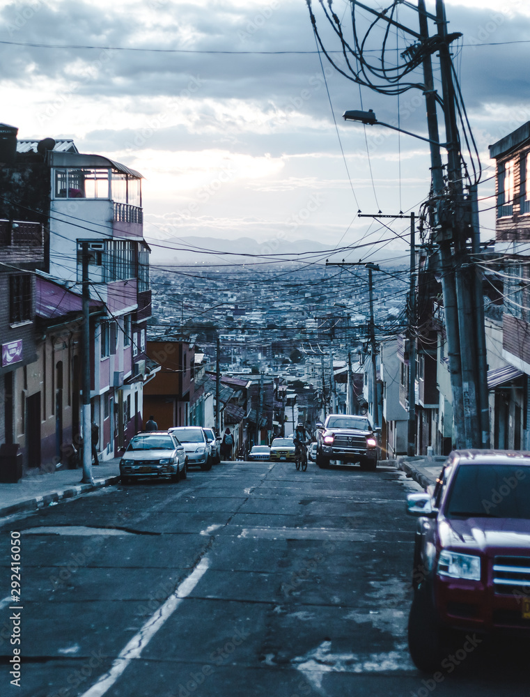 Street of a less developed barrio of the sprawling metropolis of Bogota ...