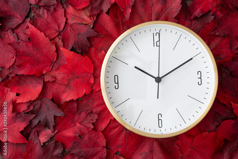 Round white analog clock on a rustic wood background, surrounded by ...