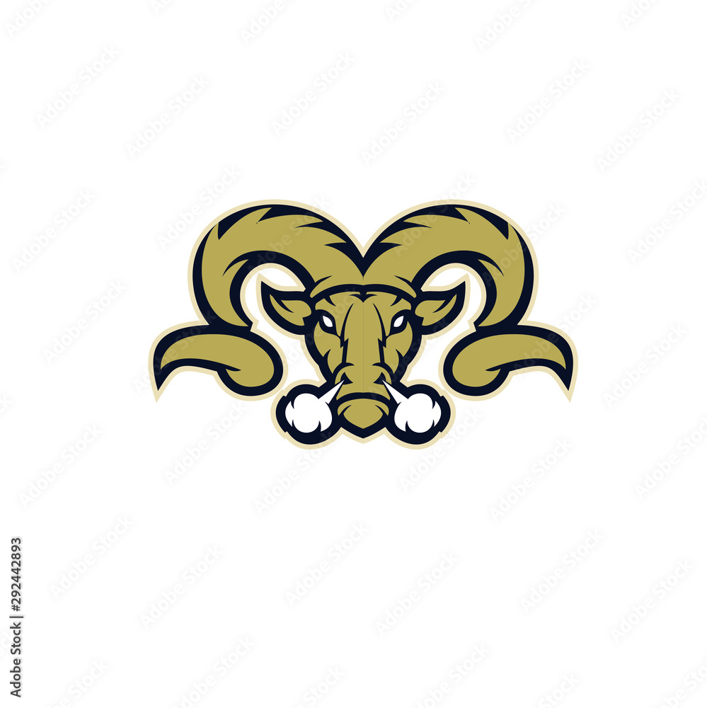 Rams goat head shield sport logo with gold color and black background ...