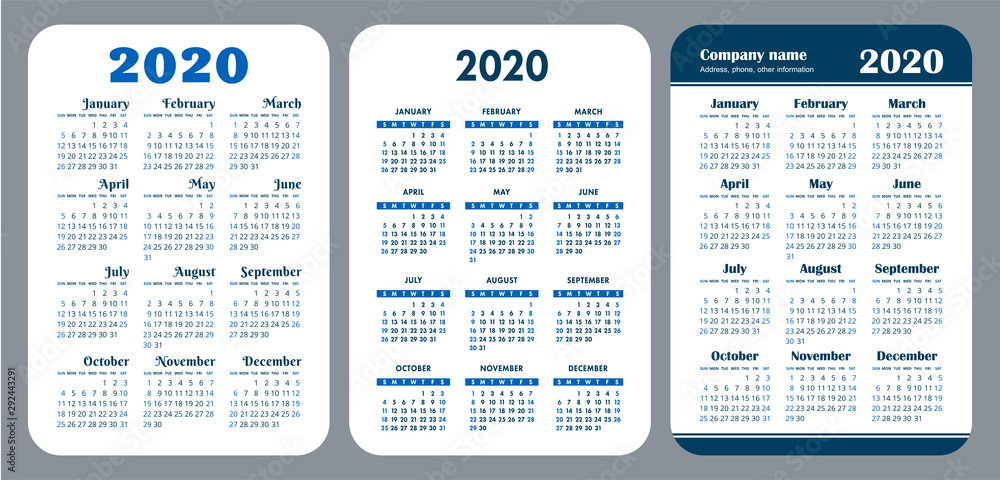 2020 year. Pocket calendar set. Vector design collection. Blue color ...