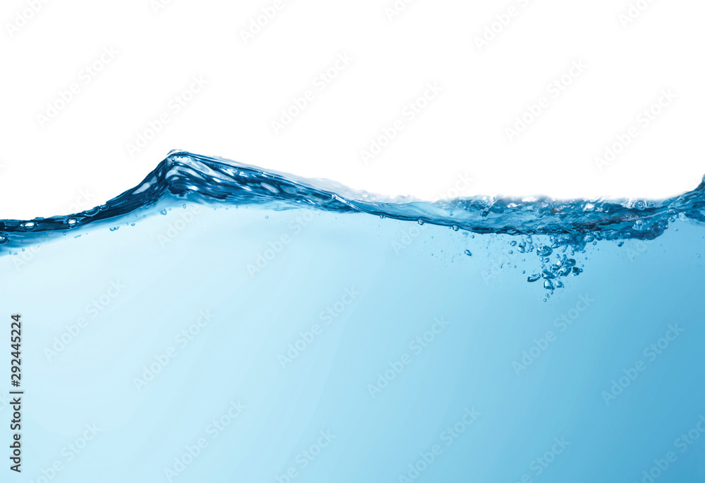 Blue water splashs wave surface with bubbles of air on white background ...