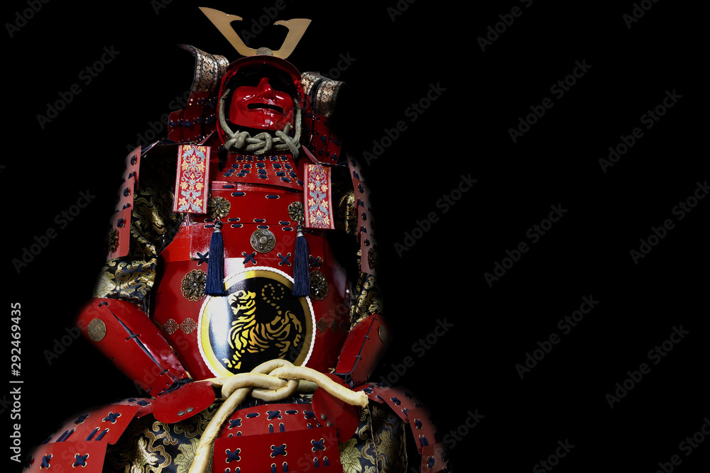 red yoroi samurai armor with black background Stock Photo | Adobe Stock