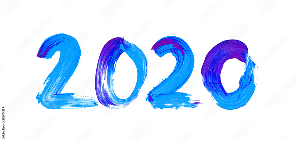 Blue and purple watercolor sign 2020 on white background. Hand drawn ...