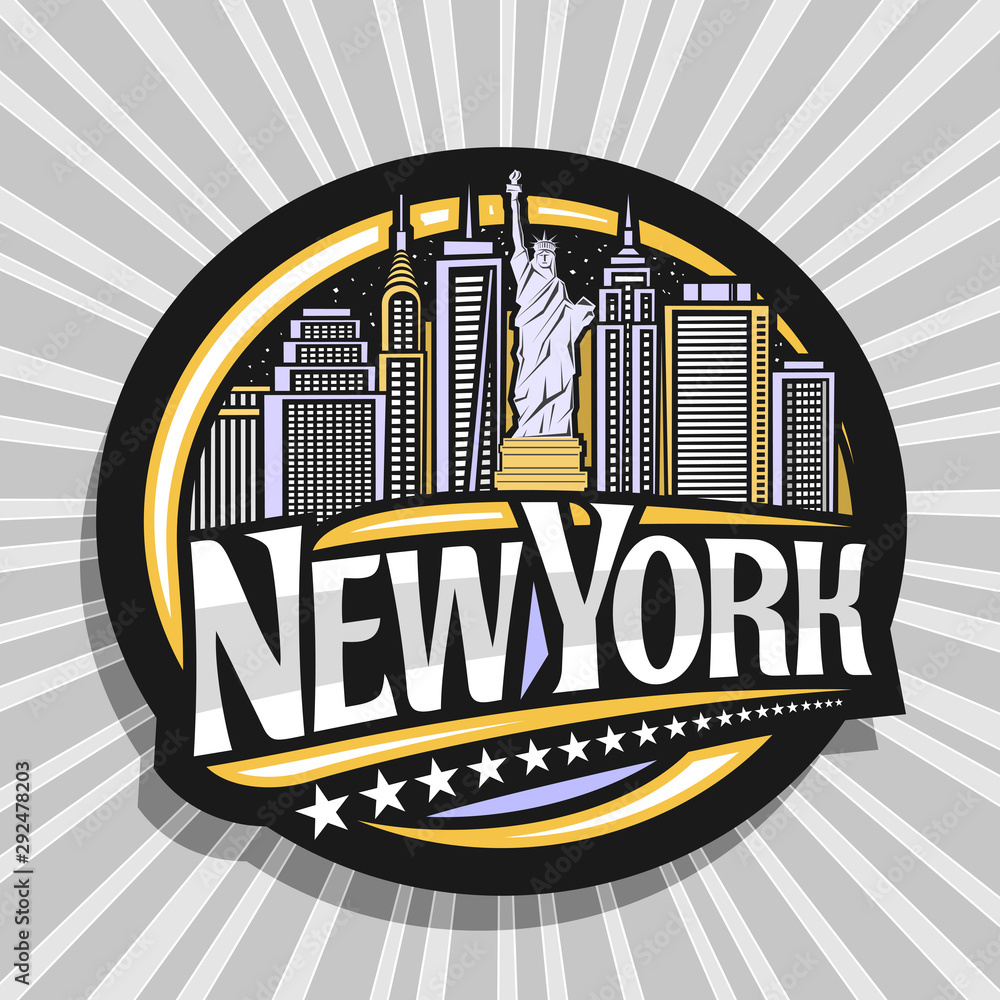 Vector logo for New York City, dark decorative tag with illustration of ...