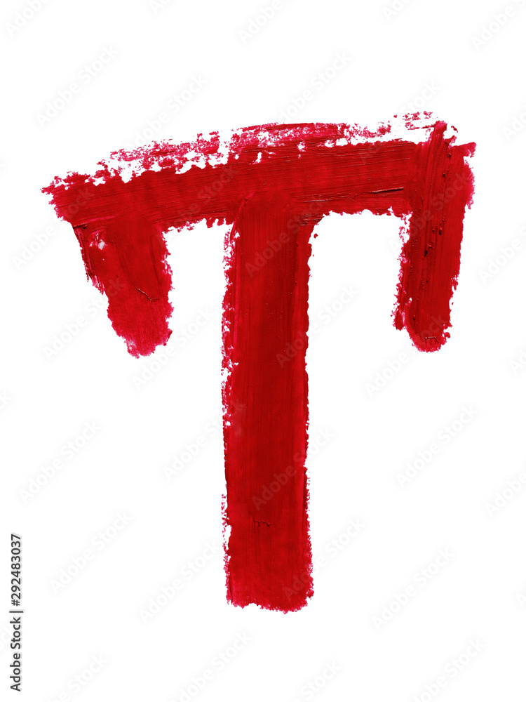 Large letter T of English or Russian alphabet handwritten by dark red ...