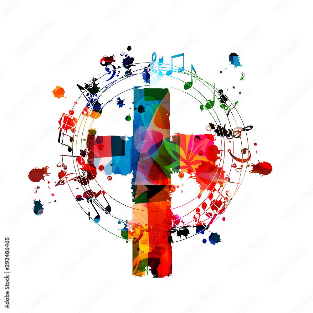 Colorful christian cross with music notes isolated vector illustration ...
