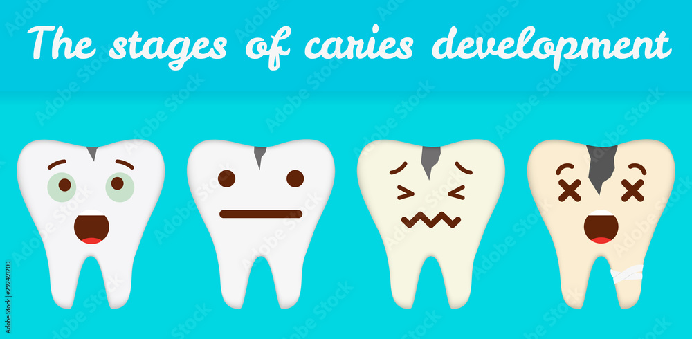 Cute cartoon tooth character show stages of caries development. Dental ...