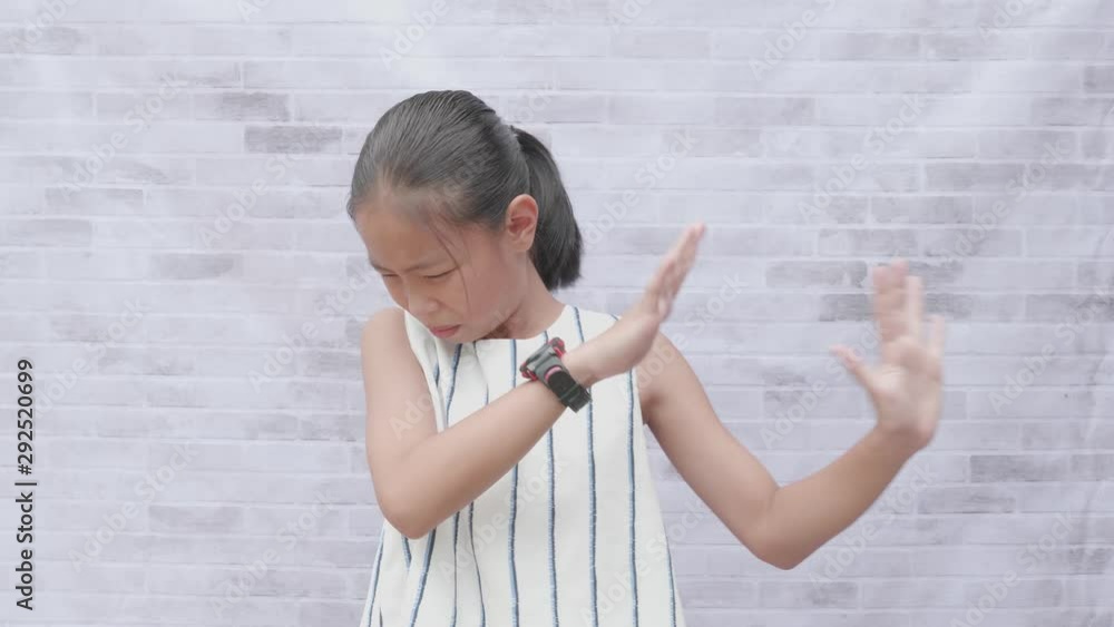 Emotional girl epressing refusal, reaching out both palms, having mad ...