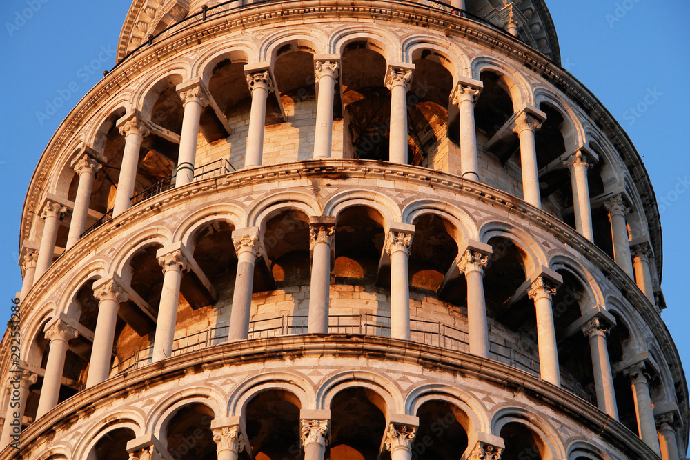 Detail of the Leaning Tower of Pisa in the light of sunset. Pisa, Italy ...