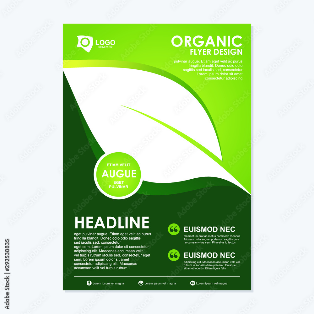 Eco Organic Flyer template with space of shilhuette of leaf for place ...