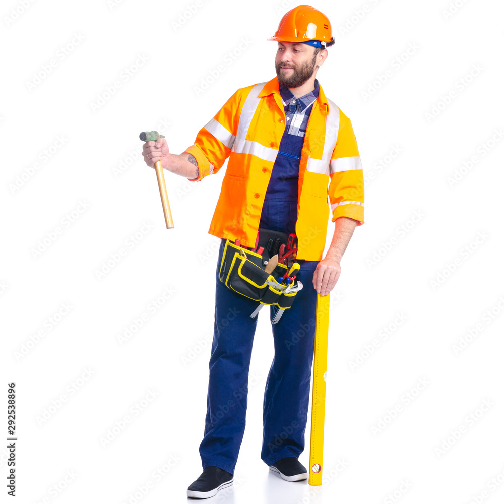 Man worker builder with helmet and tool belt on white background ...
